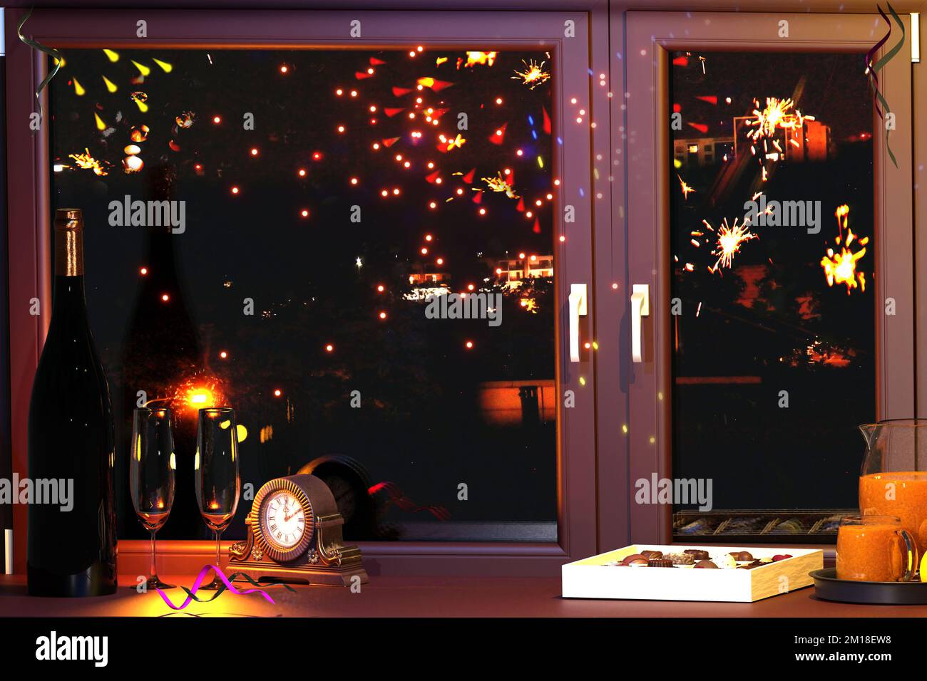 Window frame with champagne bottle and glasses Stock Photo - Alamy