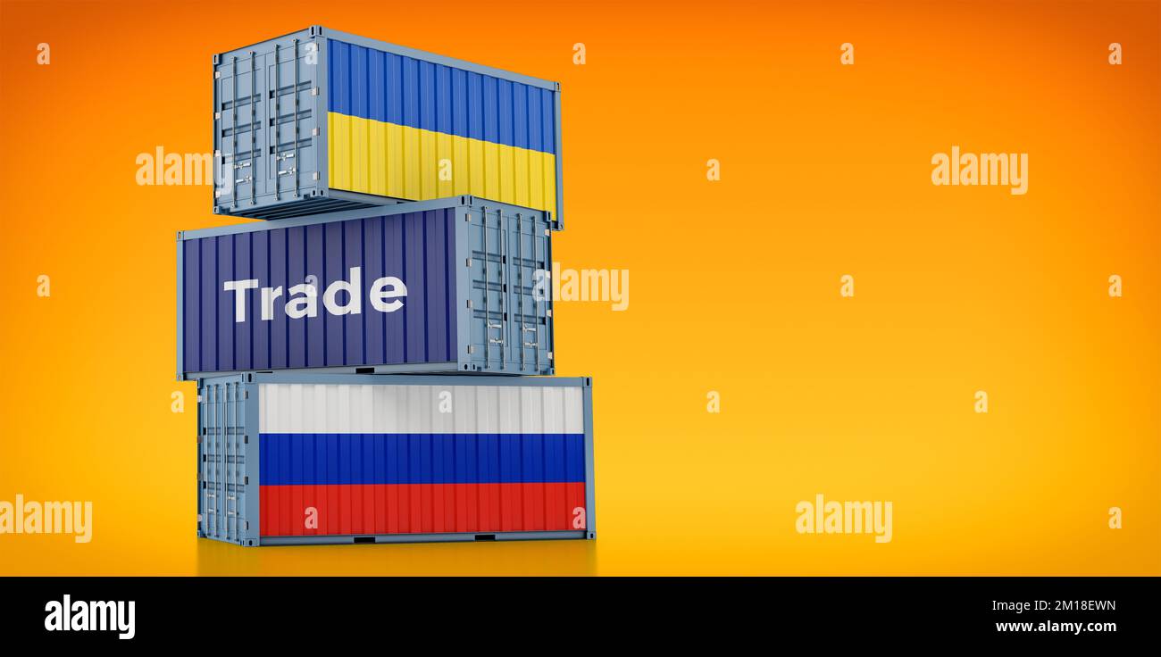Cargo containers with Russia and Ukraine national flags. 3D Rendering Stock Photo - Alamy