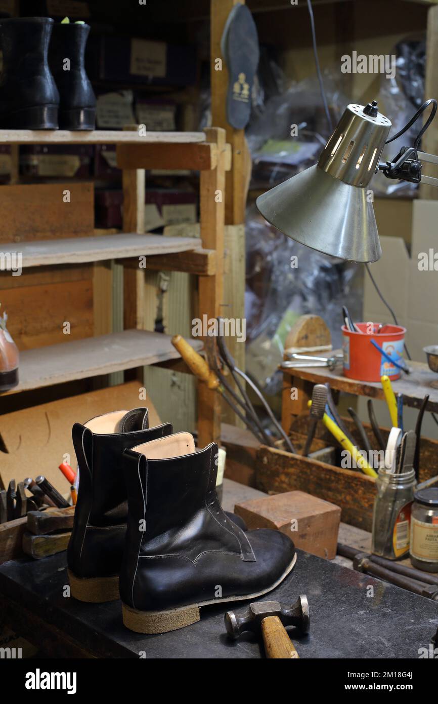 Bespoke black leather boots at the John Lobb bespoke shoemaker workshop ...
