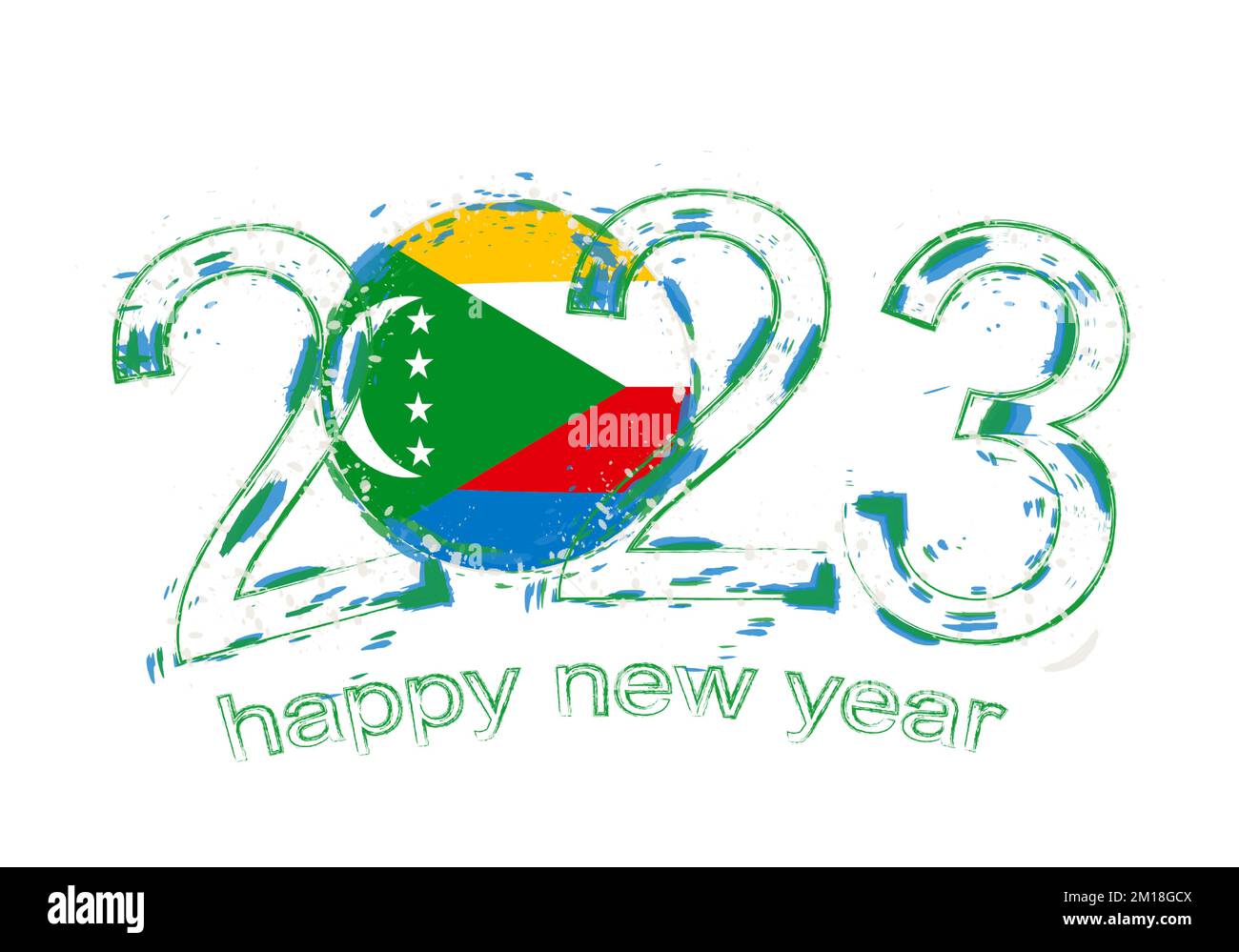 2023 Year in grunge style with flag of Comoros. Holiday grunge vector ...