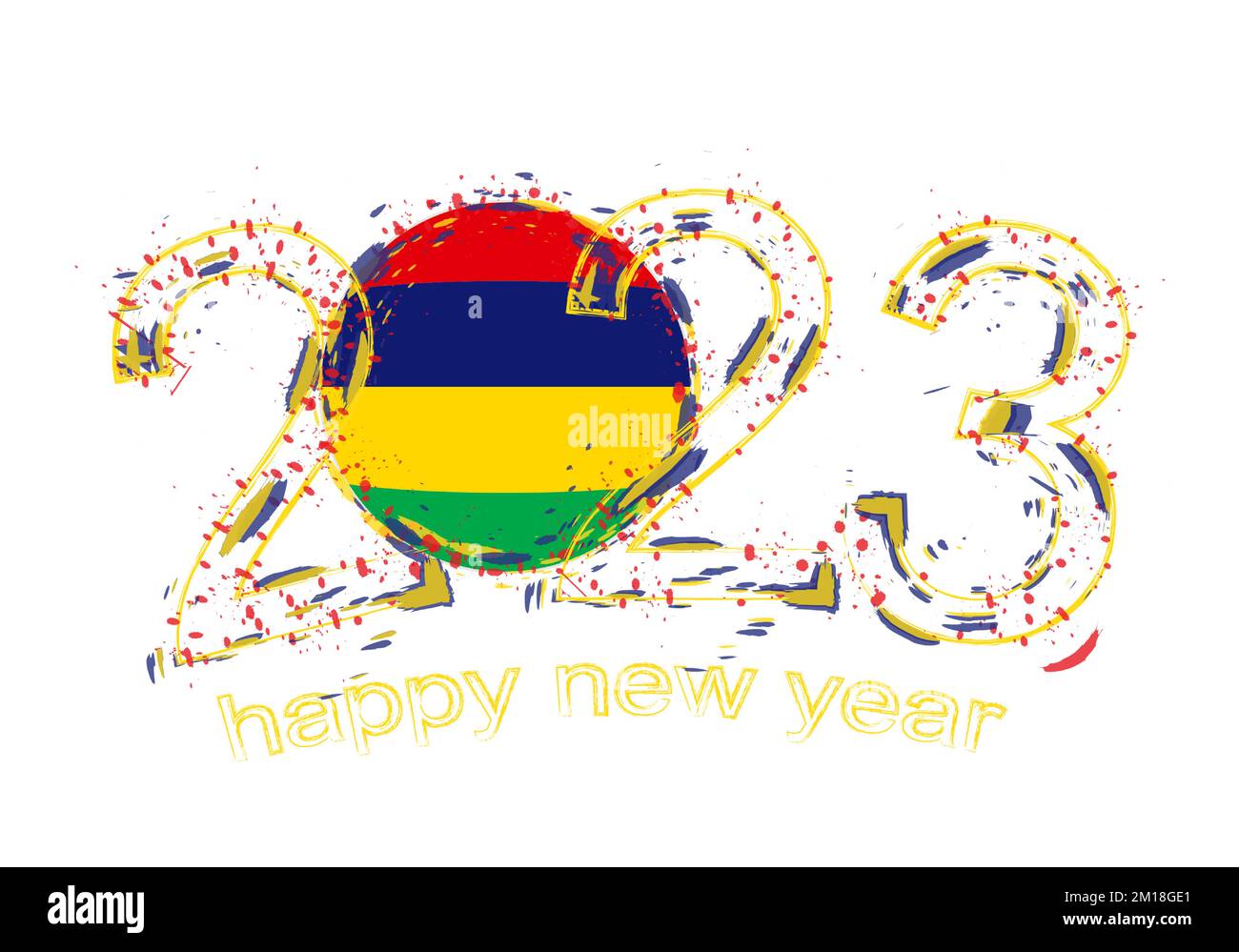 2023 Year in grunge style with flag of Mauritius. Holiday grunge vector ...