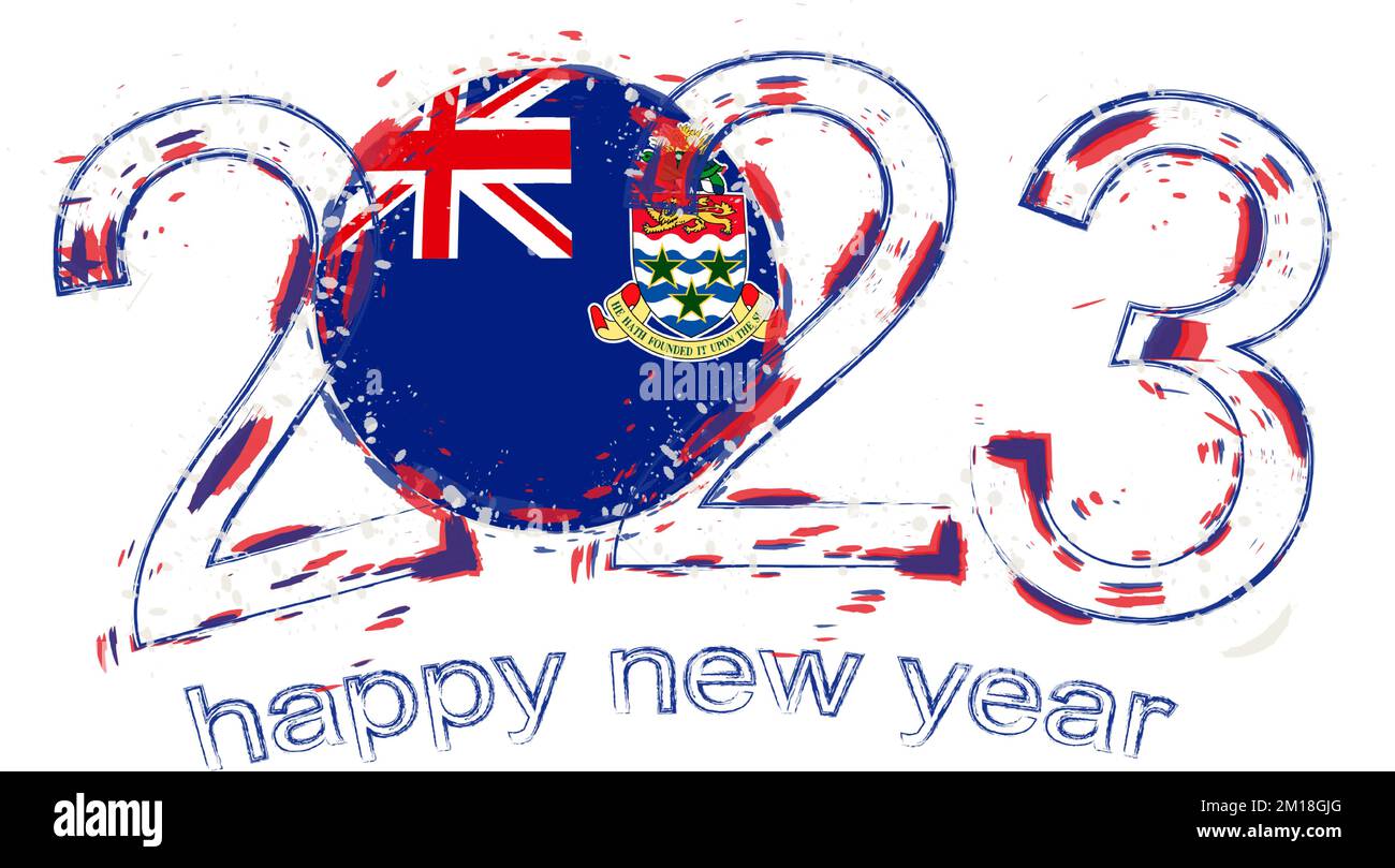 2023 Year in grunge style with flag of Cayman Islands. Holiday grunge ...