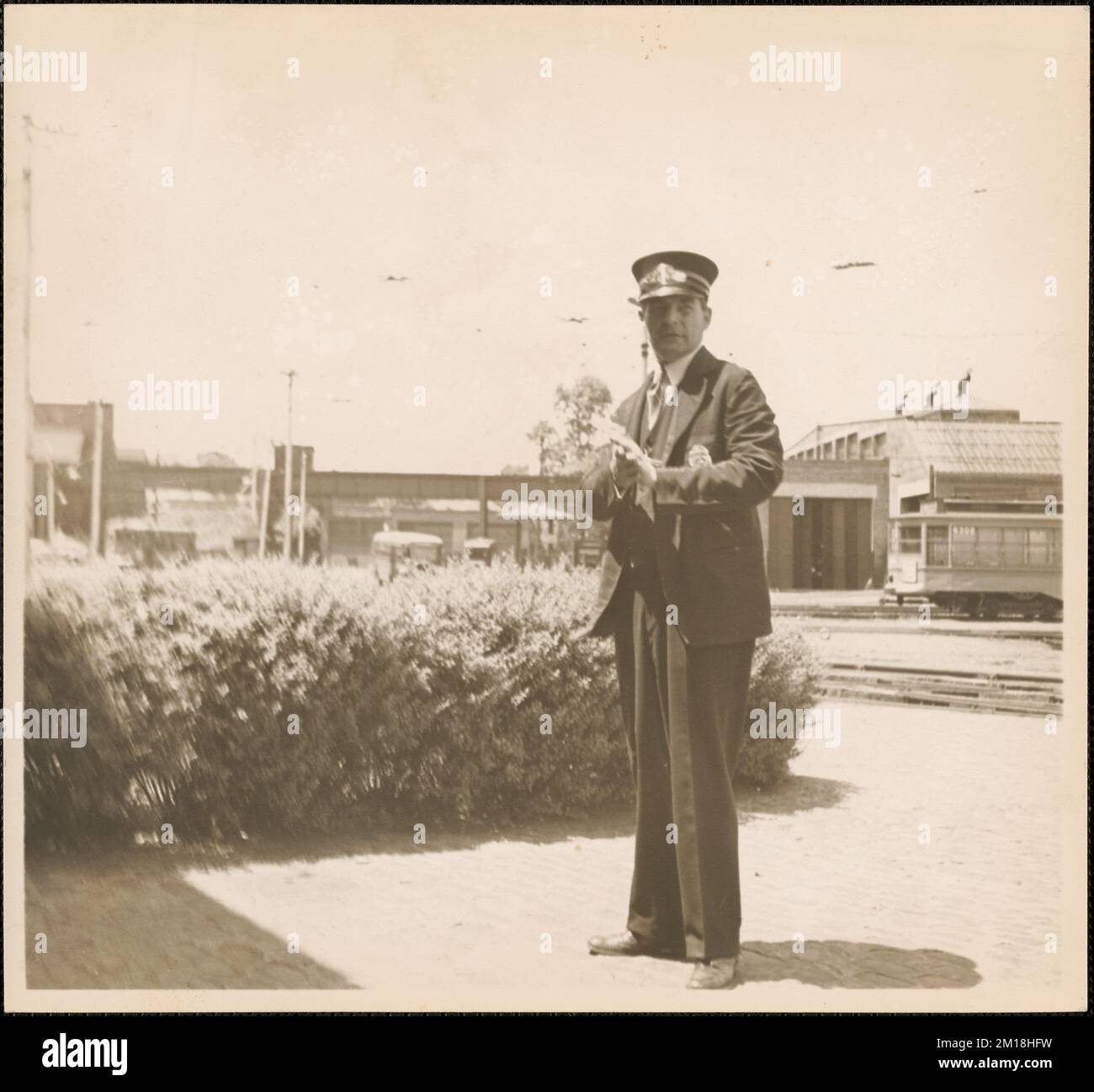 Street railroad employee in front of station , Street railroad ...