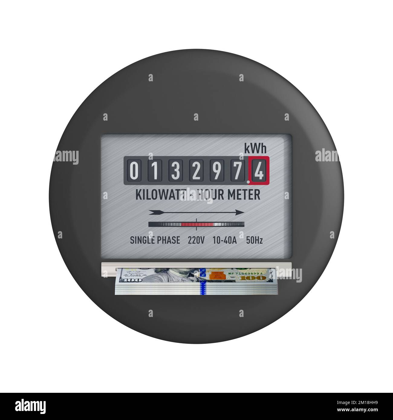 Kilowatt hour electric meter with dollars on white background. Isolated ...