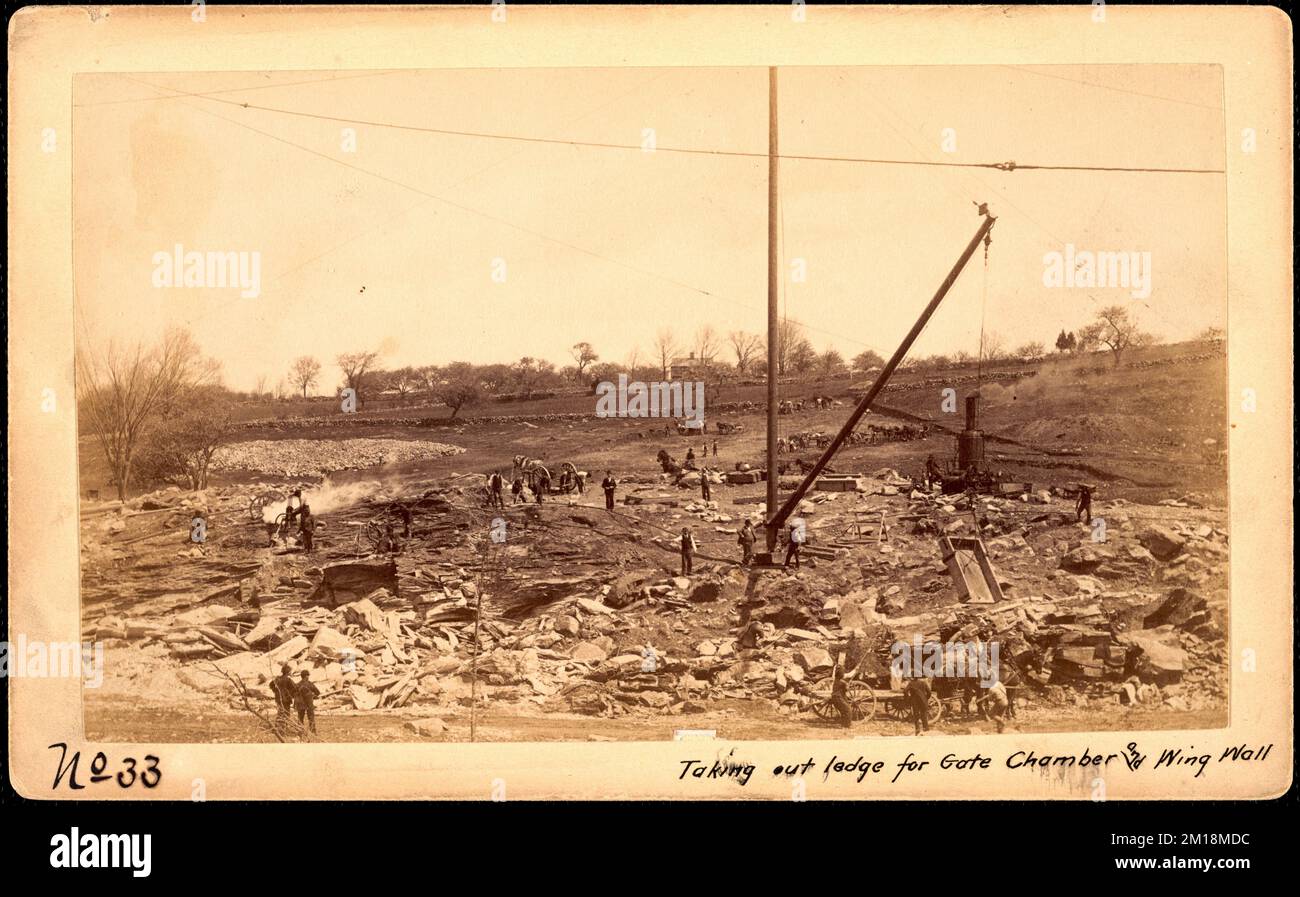 Sudbury Reservoir, dam construction, taking out ledge for Gate Chamber ...