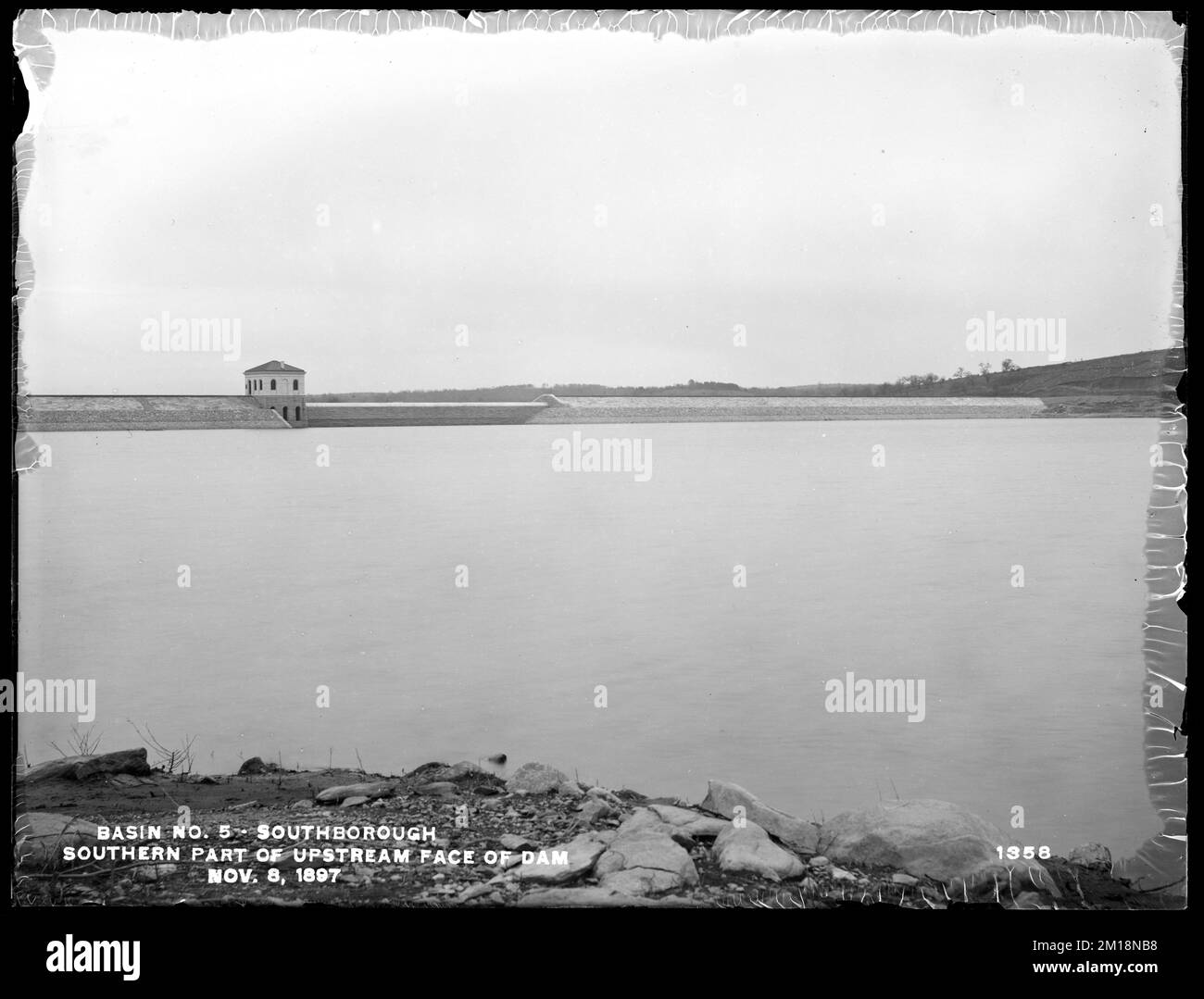 Sudbury Reservoir, southern part of upstream face of dam, gatehouse ...
