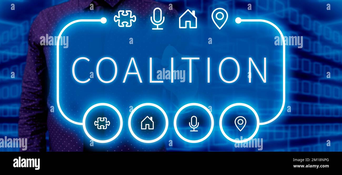 Conceptual caption Coalition. Concept meaning a temporary alliance of ...