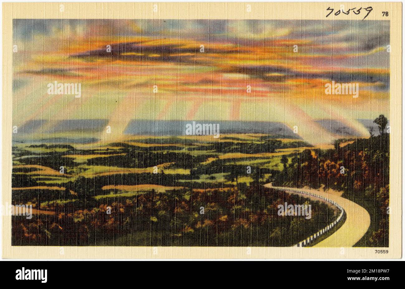 Sunset over road winding through nature. , Roads, Tichnor Brothers ...