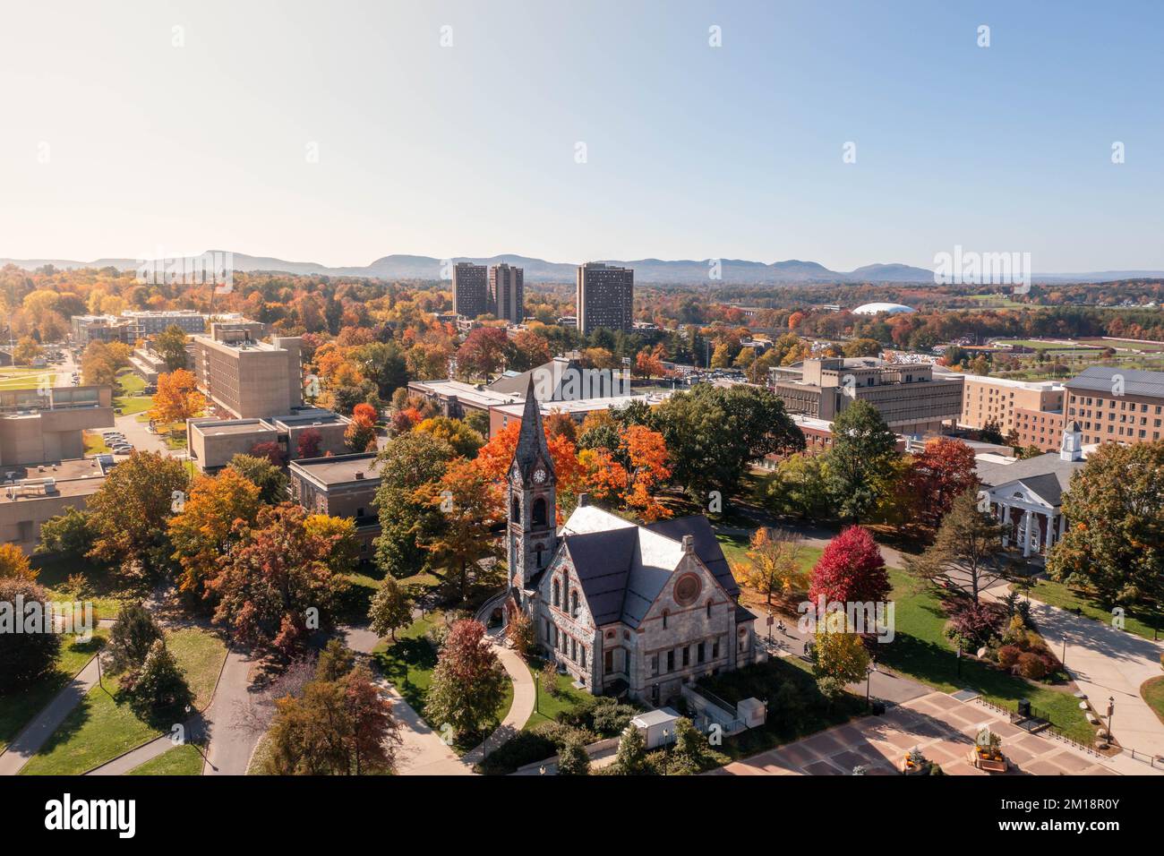 An aerial shot of the University of Massachusetts Amherst campus on a ...
