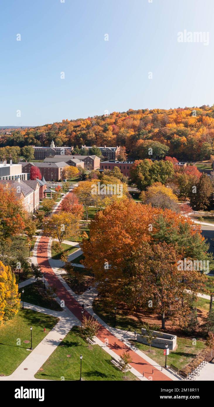 An aerial shot of the University of Massachusetts Amherst campus on a ...