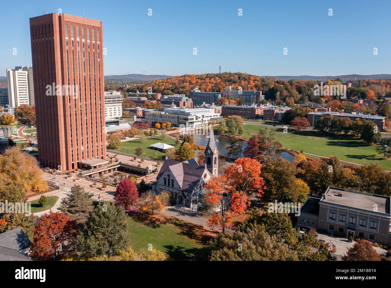An aerial shot of the University of Massachusetts Amherst campus on a ...