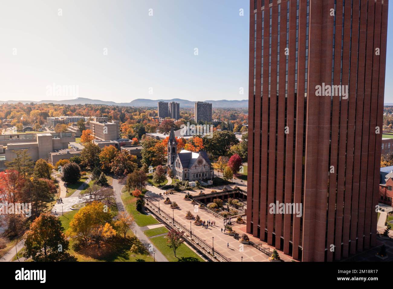 An aerial shot of the University of Massachusetts Amherst campus on a ...