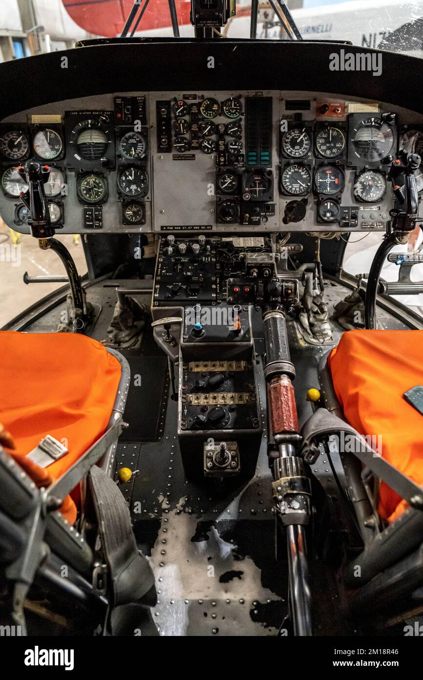 A vertical shot of the cockpit and the instrument panel of an old ...