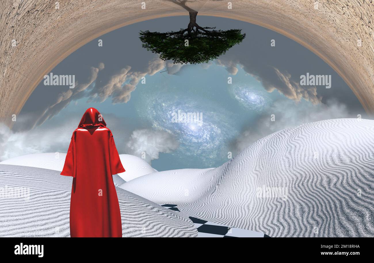 Figure in cloak stands in desert. Green tree upside down. Cloudy sky ...