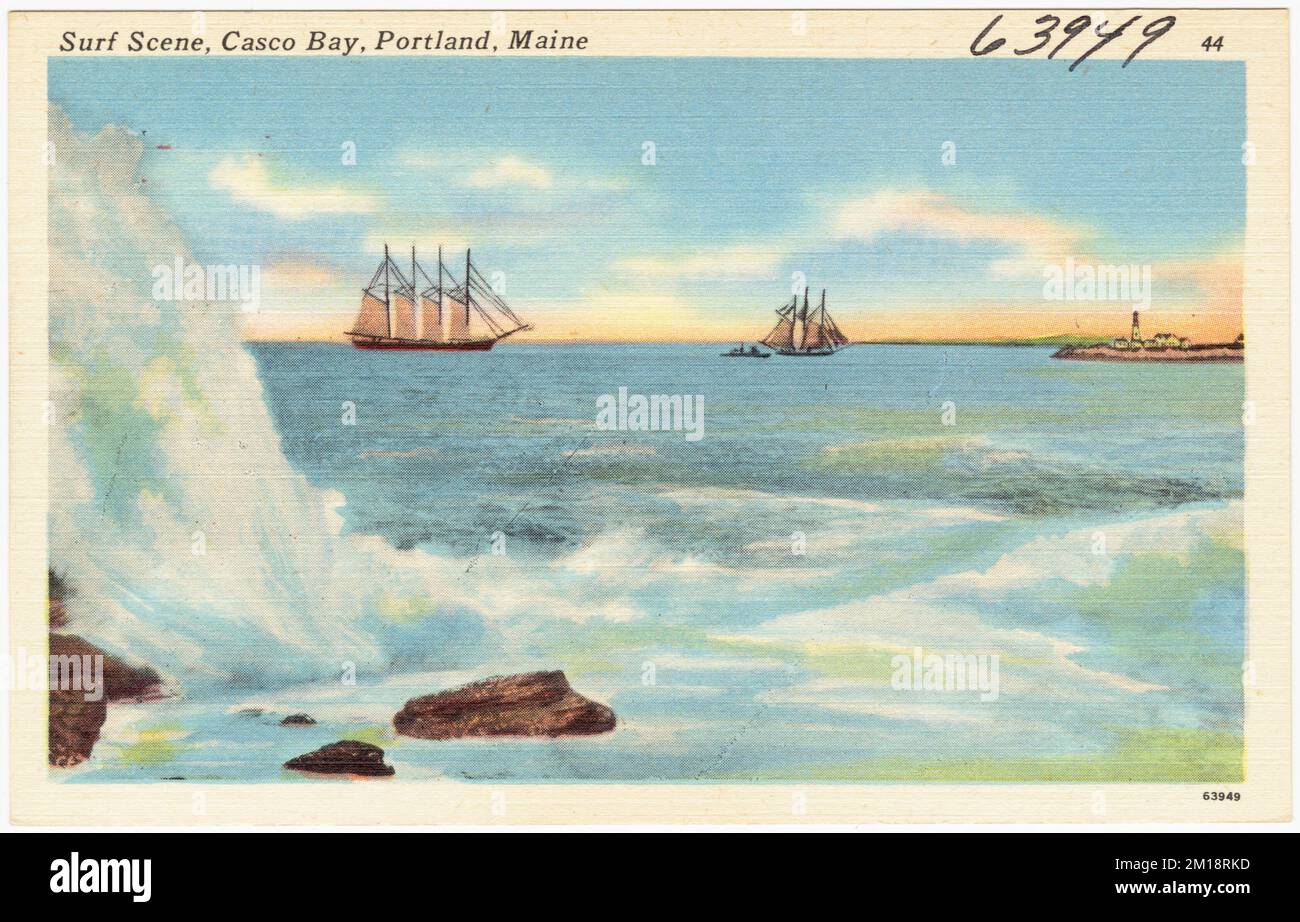 Surf Scene, Casco Bay, Portland, Maine , Seas, Boats, Tichnor Brothers ...