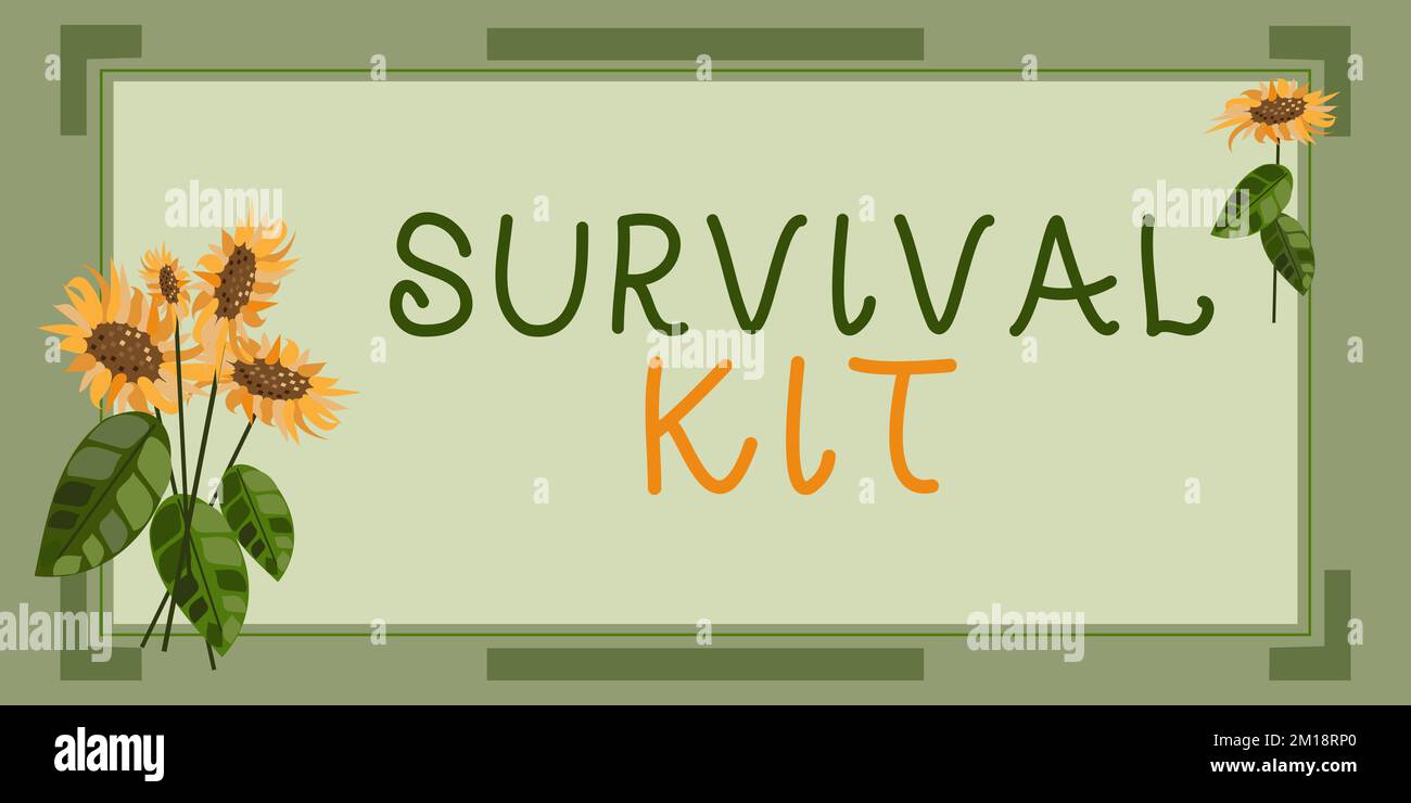 Handwriting text Survival Kit. Word for Emergency Equipment Collection ...