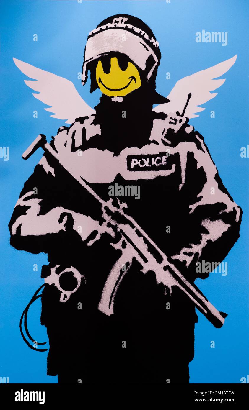 Flying Copper by Banksy Stock Photo - Alamy