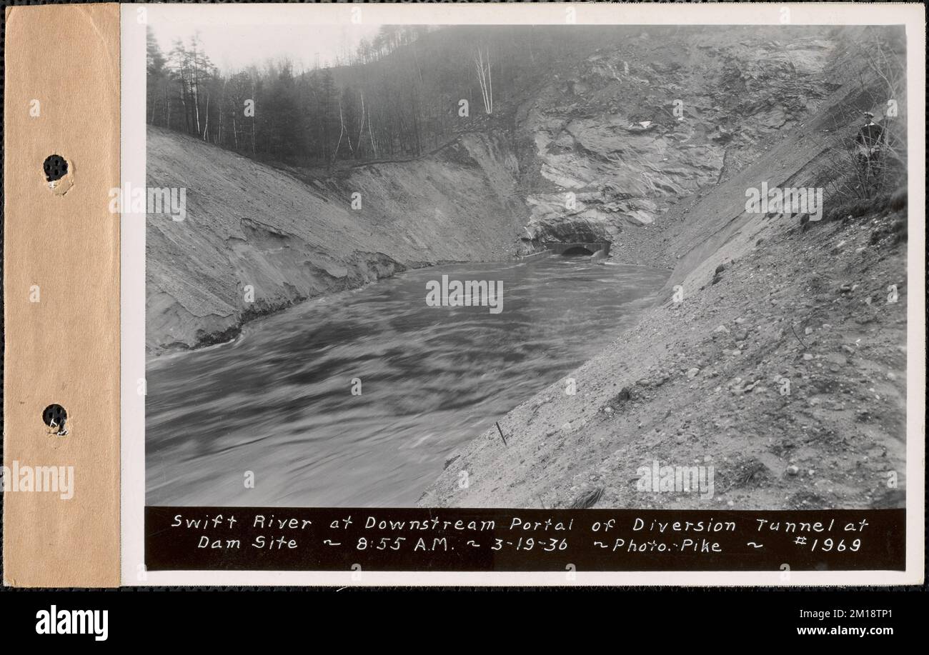 Swift River at downstream portal of diversion tunnel at dam site, flood ...