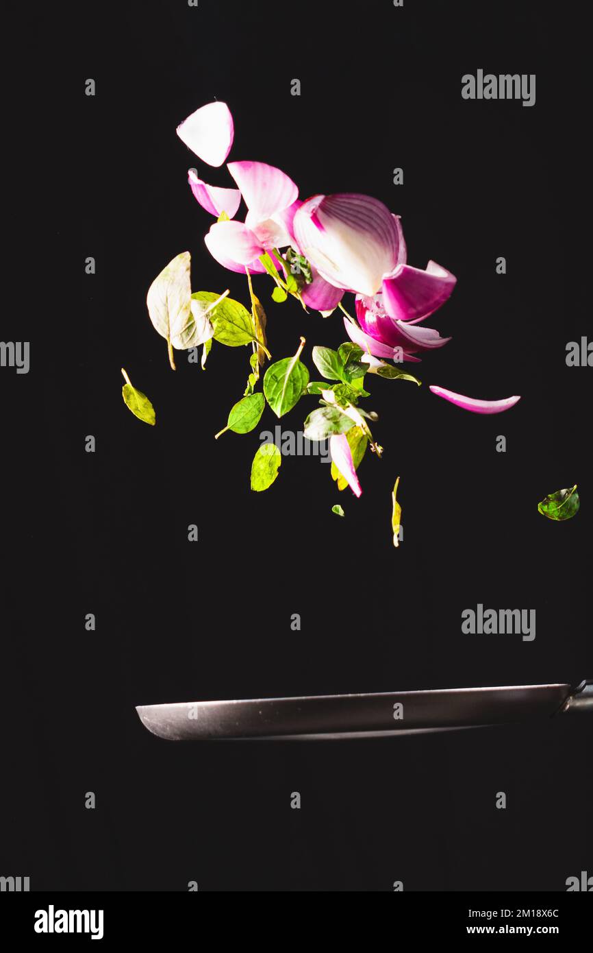 Making Brazilian-style Ceviche on Black Background. Frying Pan Throwing ...