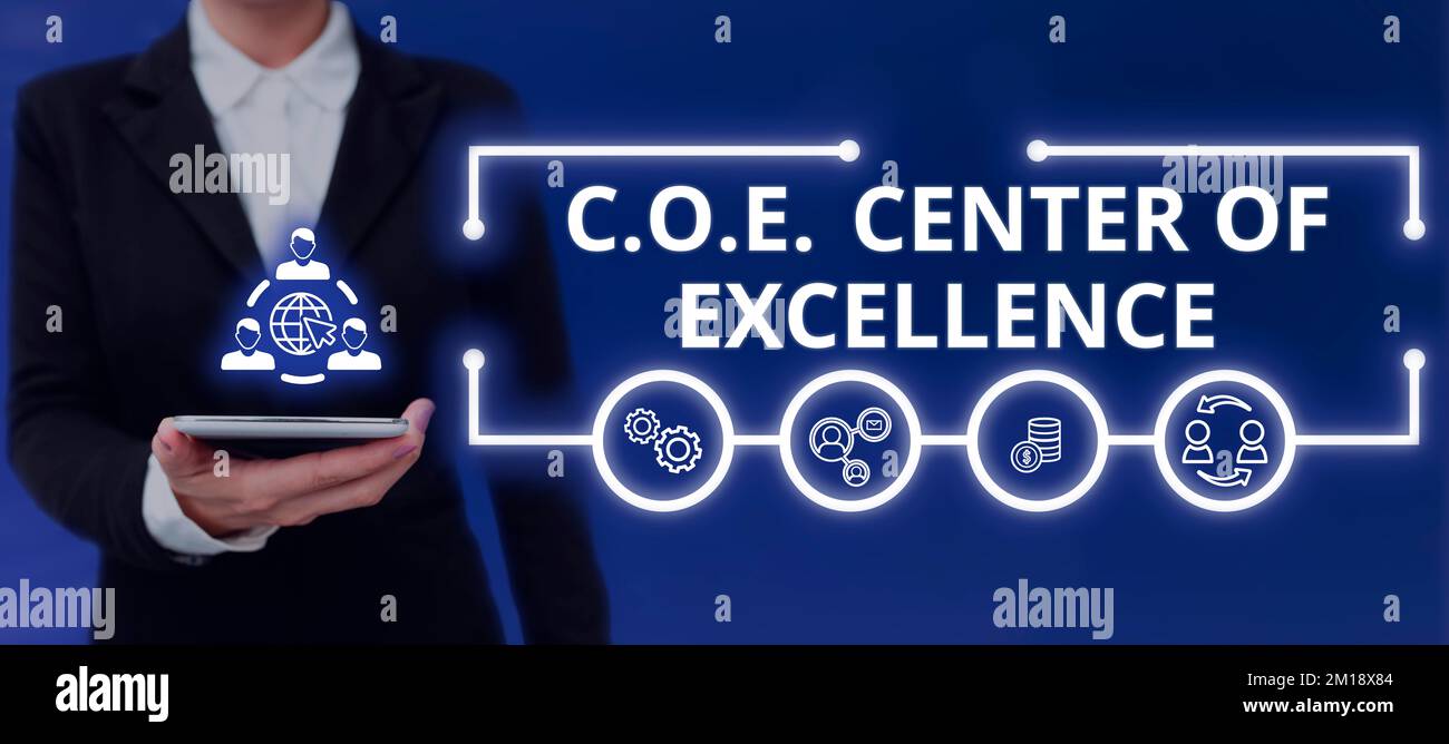 Hand writing sign C.O.E. Center Of Excellence. Word for being alpha ...