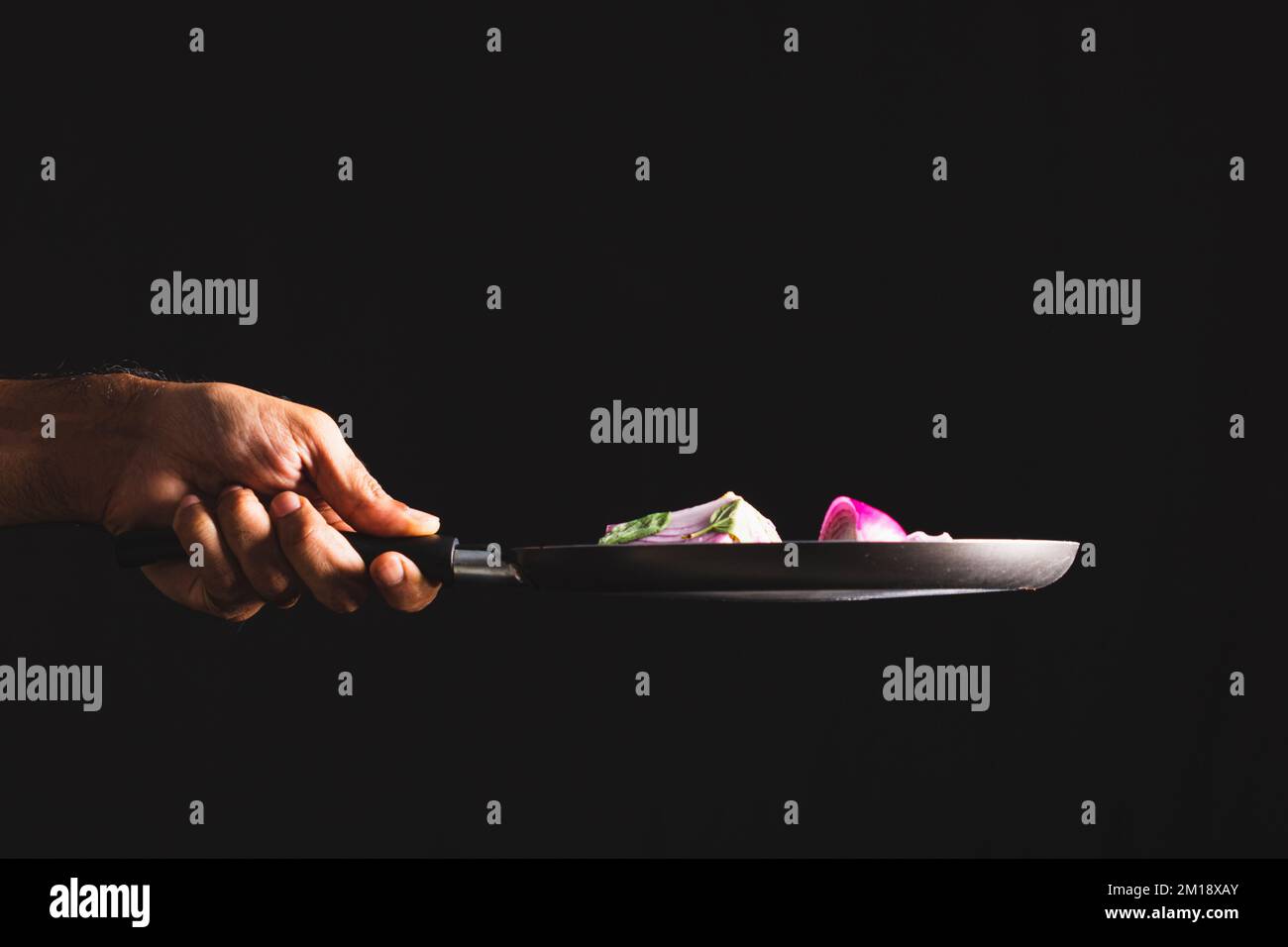 Making Brazilian-style Ceviche on Black Background. Frying Pan Throwing ...