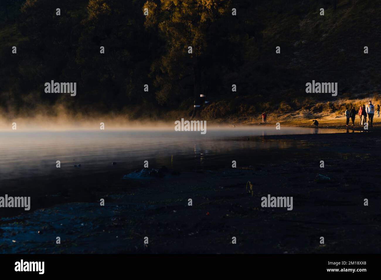 Foggy lake with sunlight. Nature backgrounds of the lake is illuminated ...