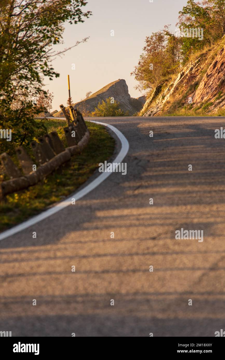 Aerial view of curvy road on monte Nerone slope in Marche region in ...