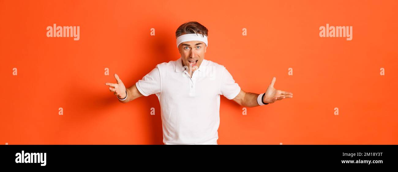 Concept of workout, sports and lifestyle. Portrait of confused middle ...