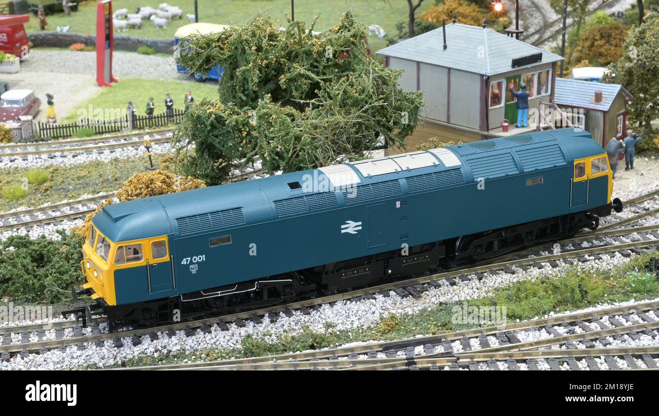 A model of a class 47, 47001 on a model railway in BR Blue Stock Photo ...