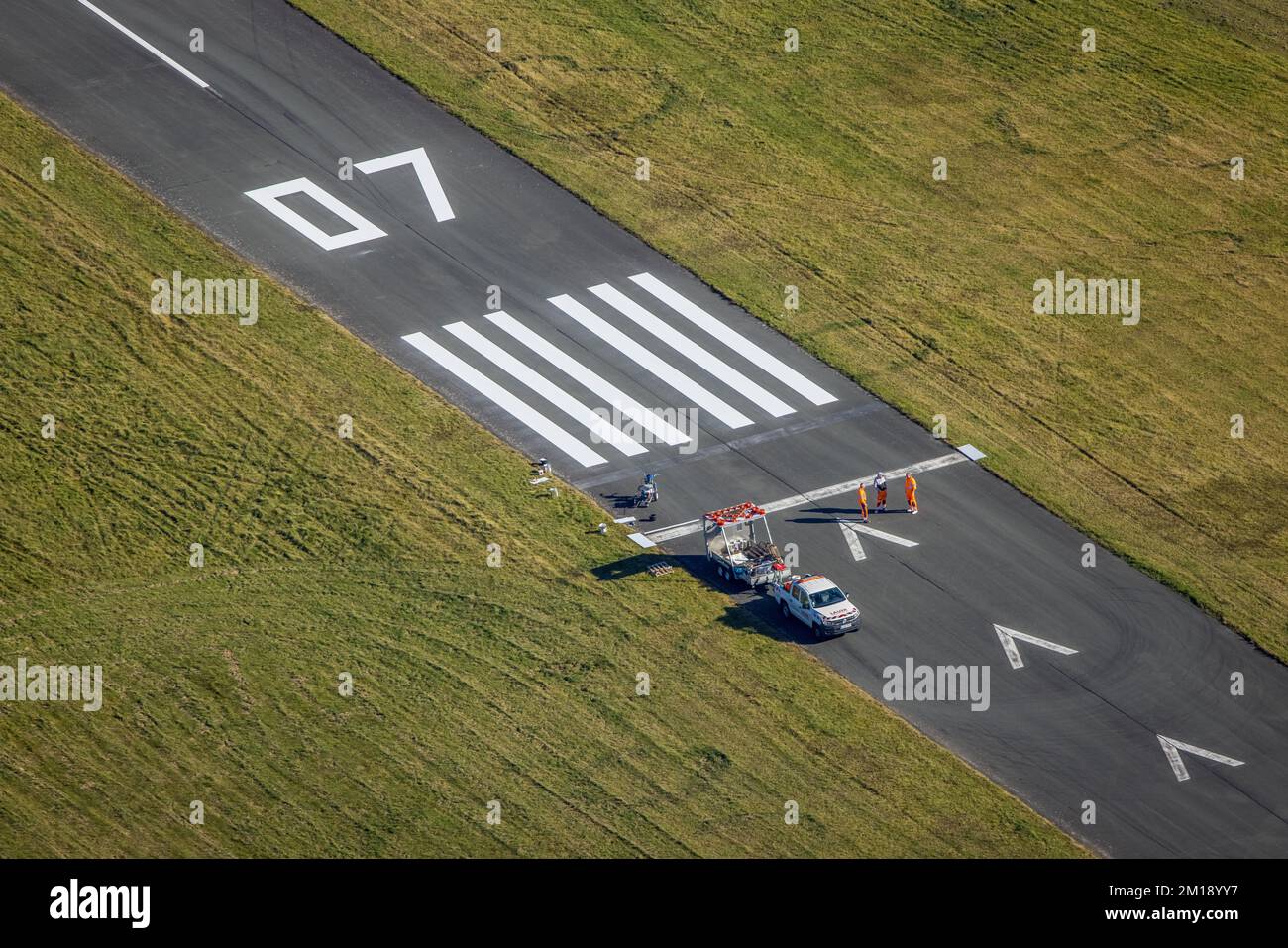 Aerial view, marking work on the runway at the airfield Brilon-Thülen ...