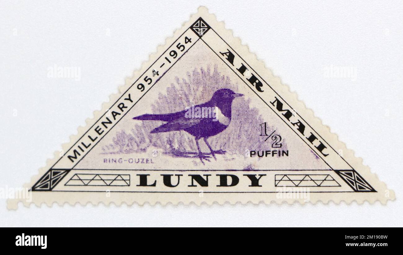 Photo of a postage stamp from Lundy United Kingdom Ring Ouzel Turdus ...