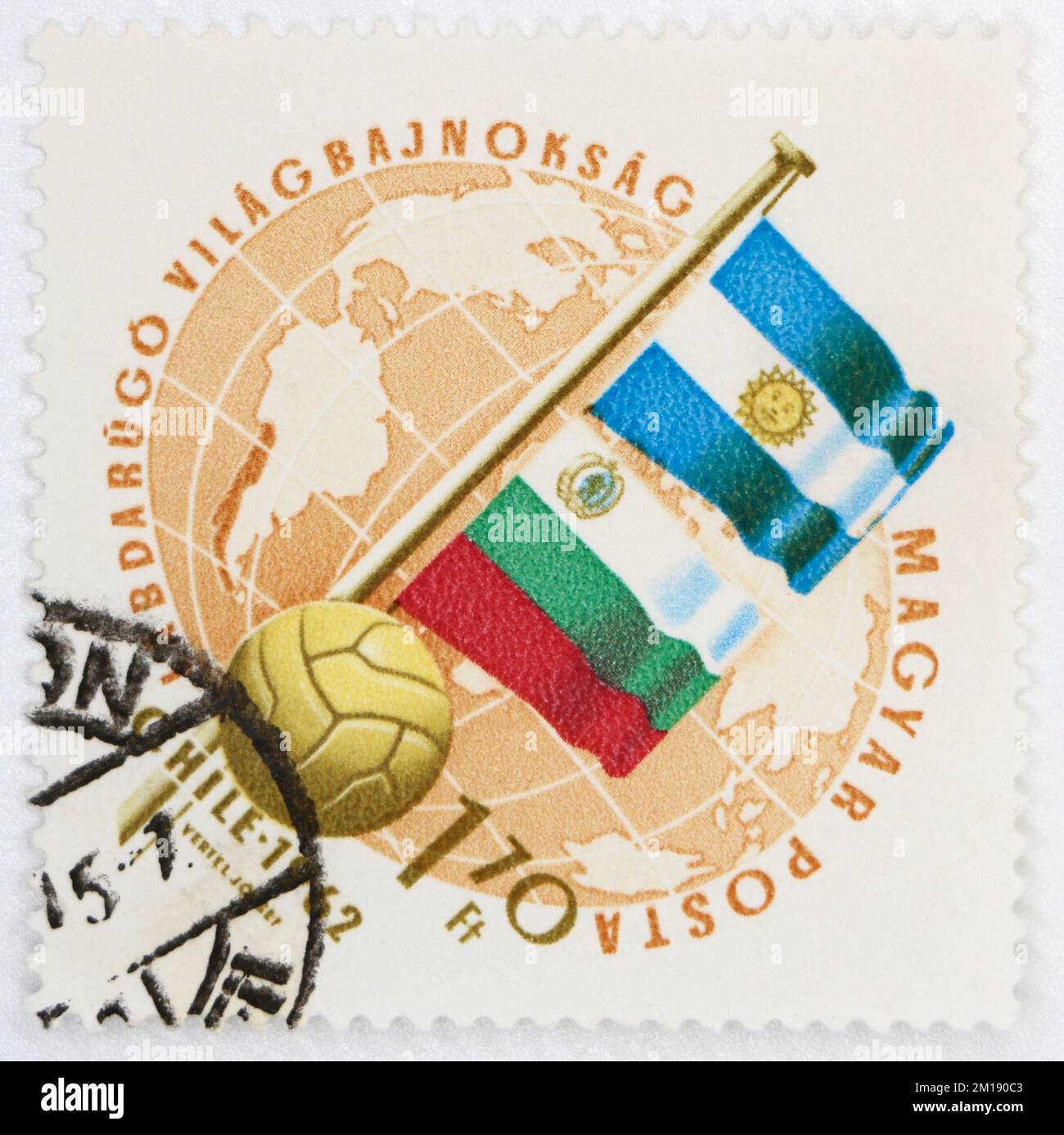 Photo of a Hungarian postage stamp Flags of Argentina and Bulgaria FIFA ...
