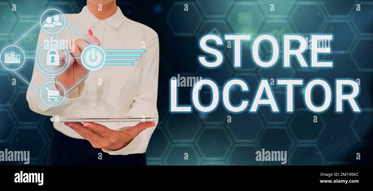 Text caption presenting Store Locator. Business approach to know the address contact number and ...