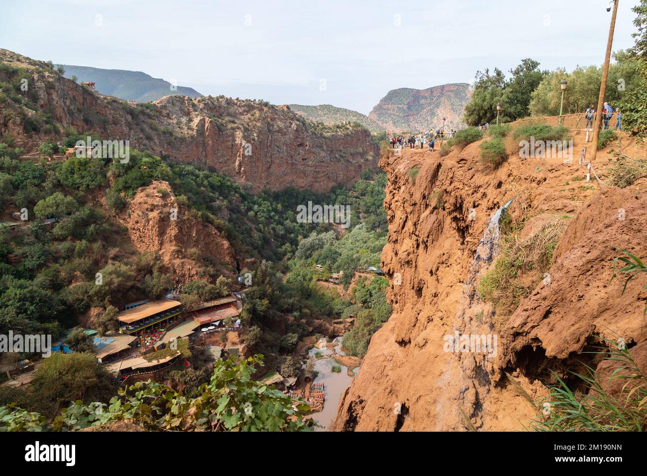 A view outwards from the top of the Ouzoud Waterfalls in Morocco ...