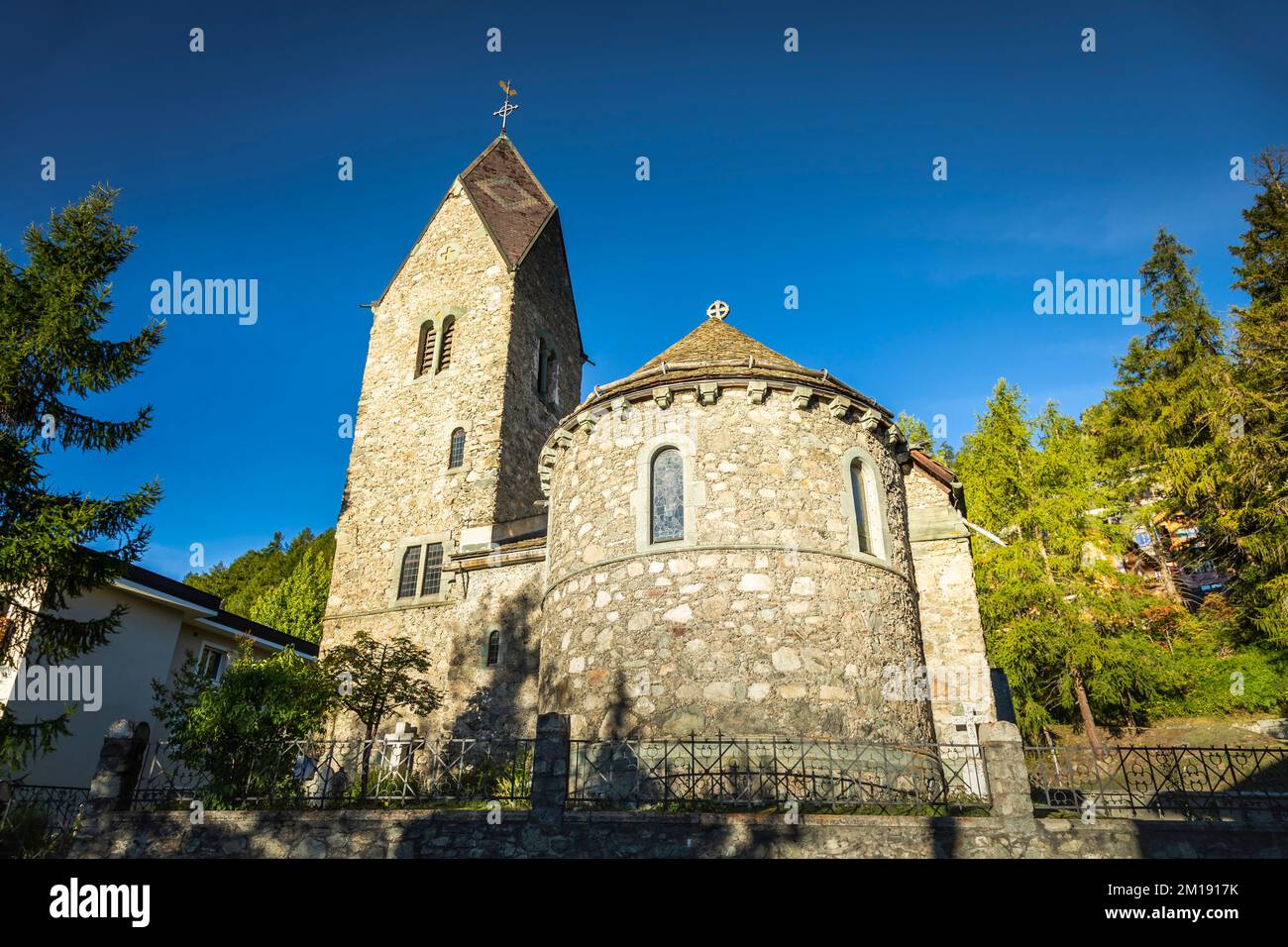 Stone church in St Moritz, Engadine valley, Swiss Alps, Switzerland ...