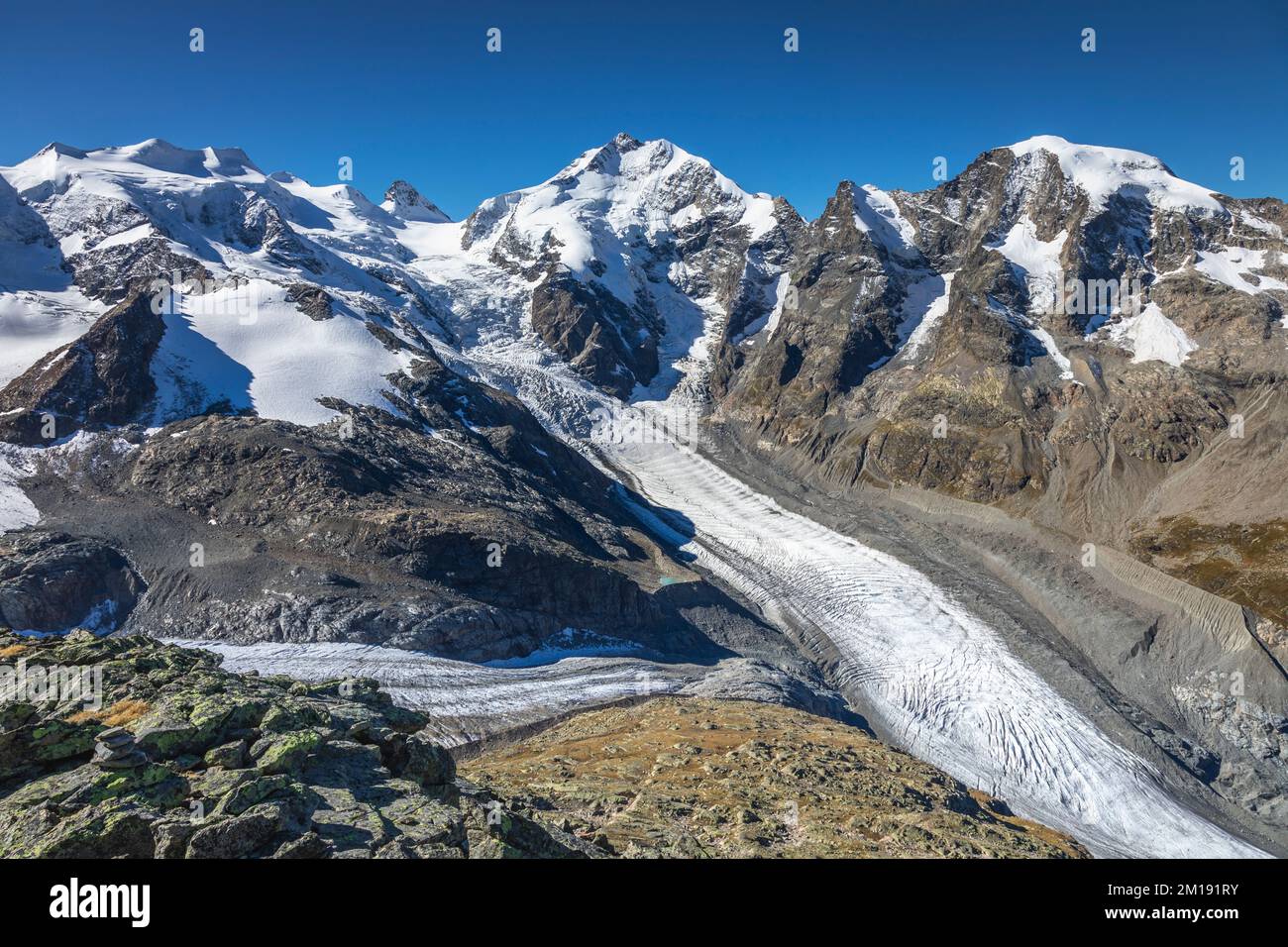 Bernina and Palu mountain range with glaciers in the Alps, Engadine ...