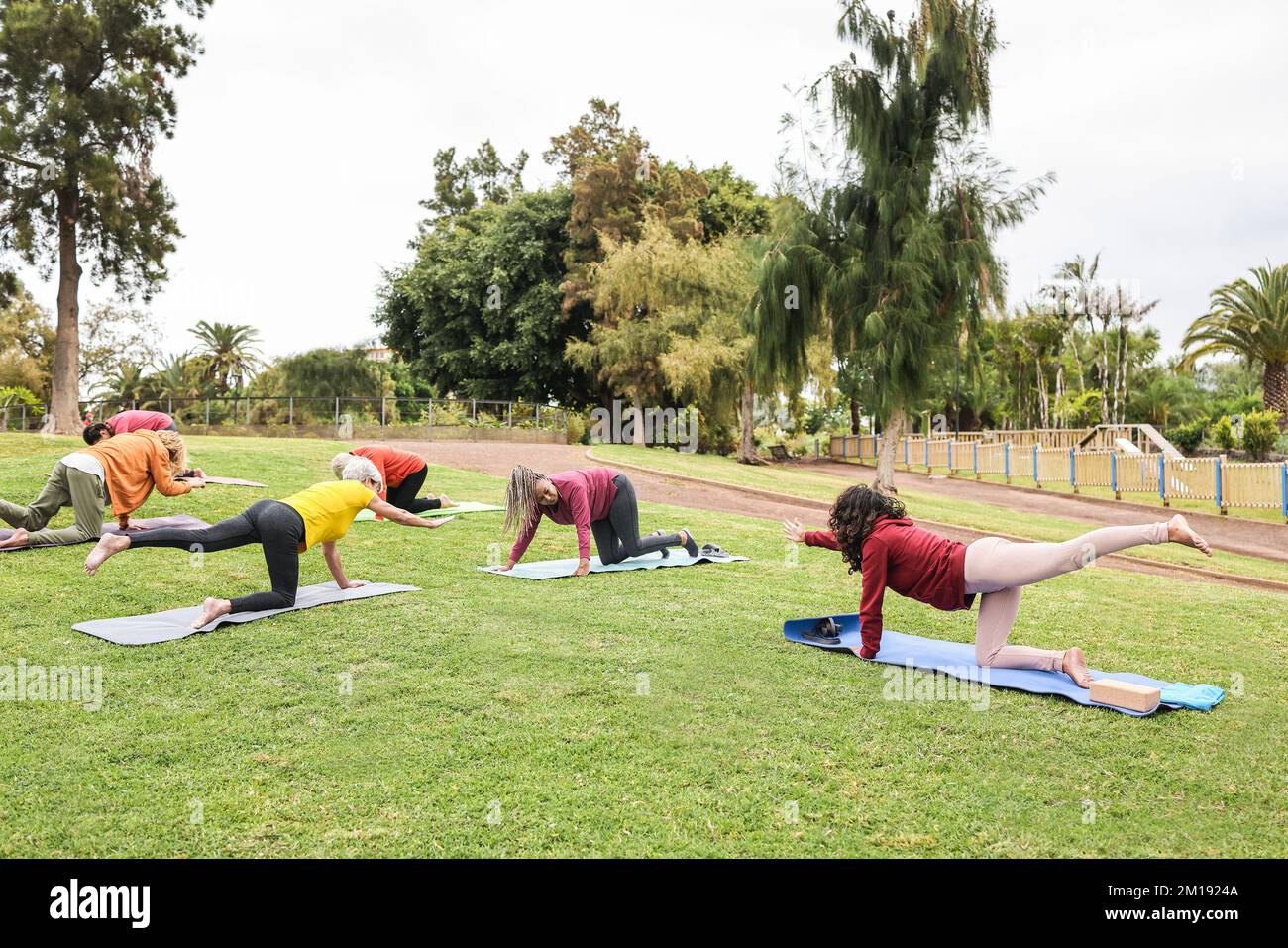Multi generational people doing yoga class at city park Stock Photo - Alamy
