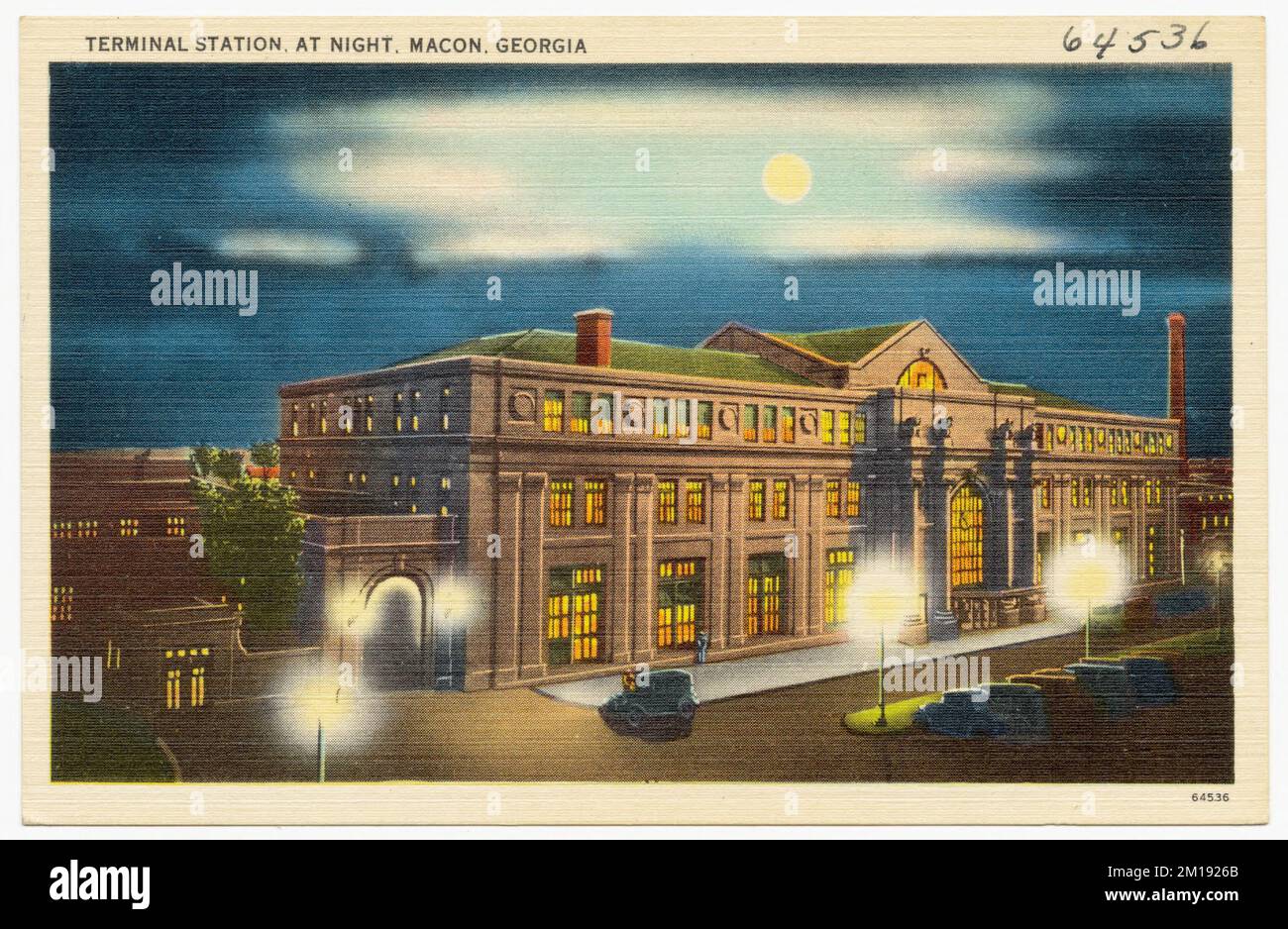 Terminal Station, at night, Macon, Georgia , Railroad stations, Tichnor ...