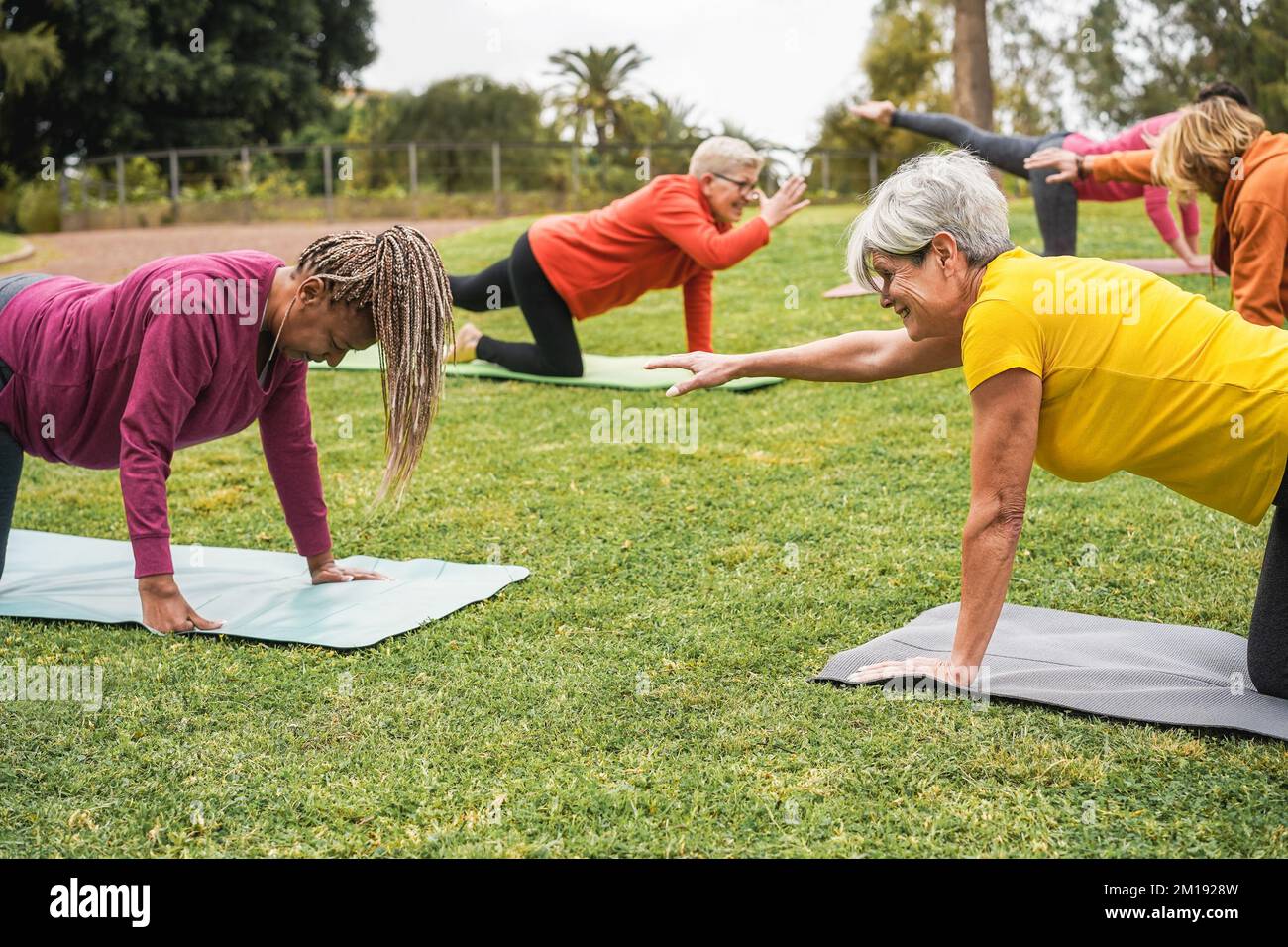 Senior people doing yoga class at city park - Focus on right senior ...