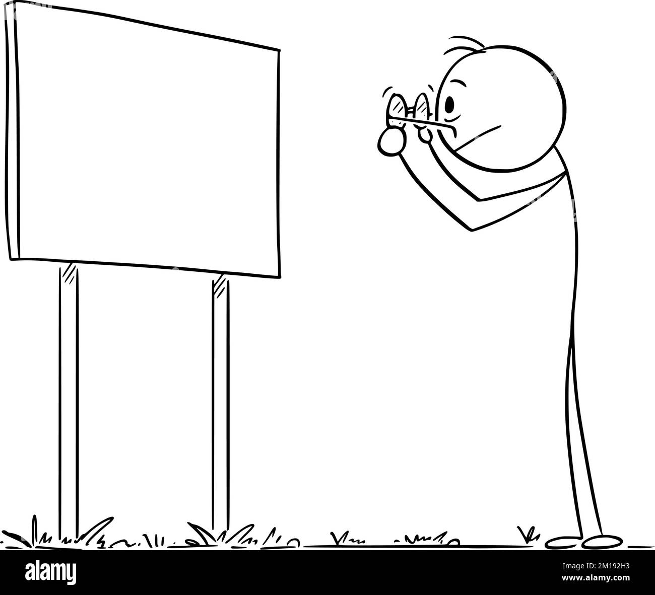 Person Taking Eyeglasses to See Empty Sign, Vector Cartoon Stick Figure ...