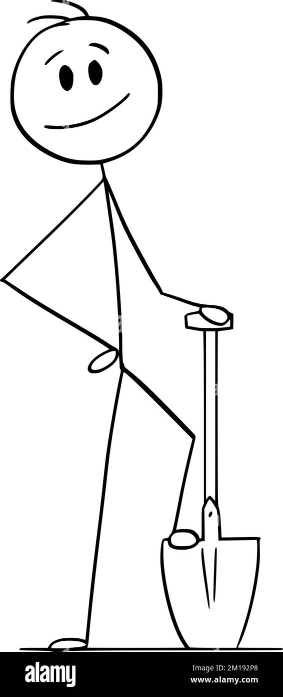 Gardener or Digger with Spade or Shovel, Vector Cartoon Stick Figure ...