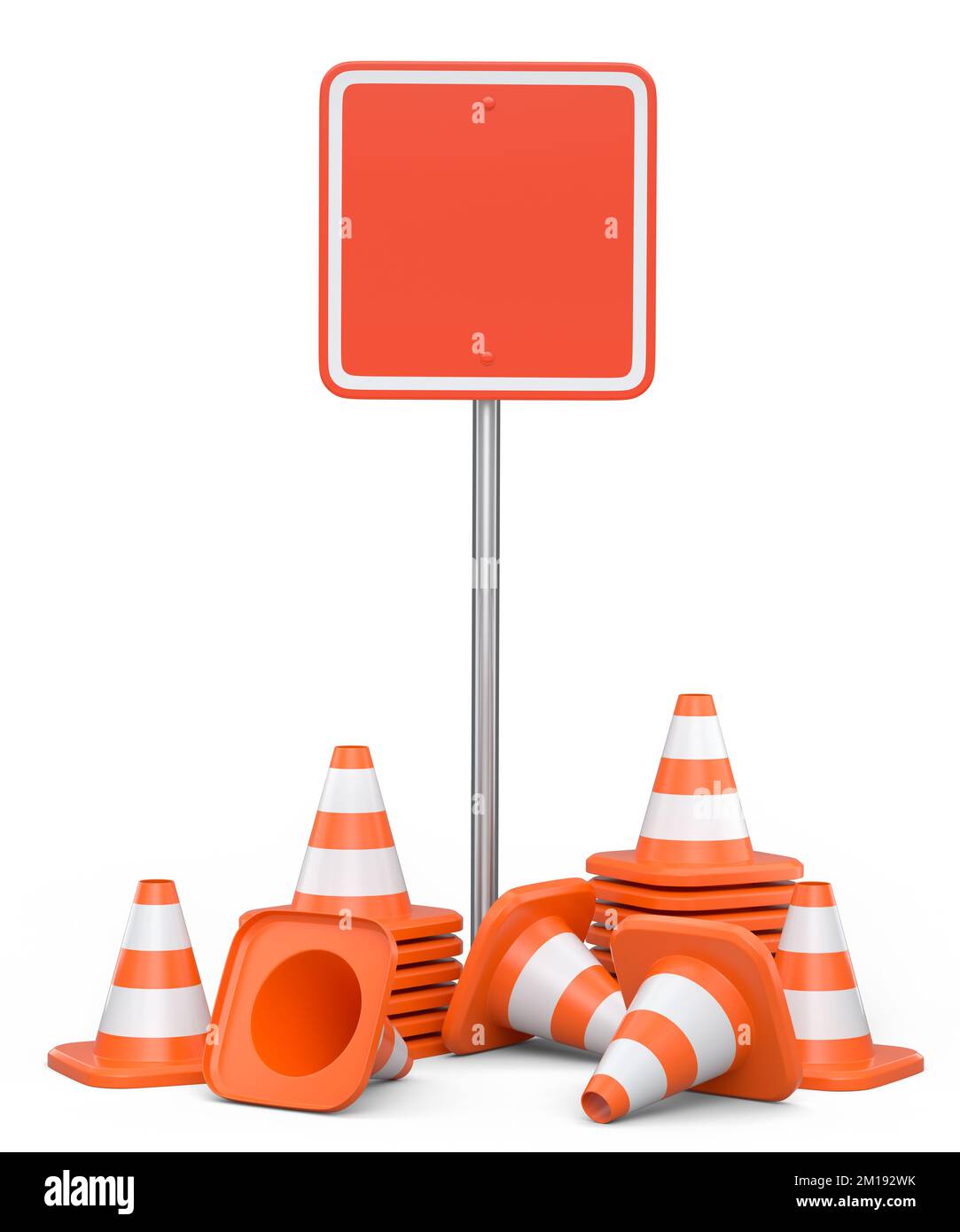 Set of safety helmets or hard hats and traffic cones, road sign for ...