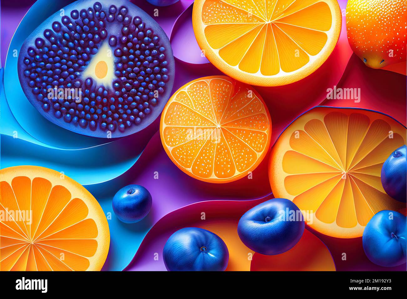 super bright still life of fantastic 3D fruits, abstract background of ...