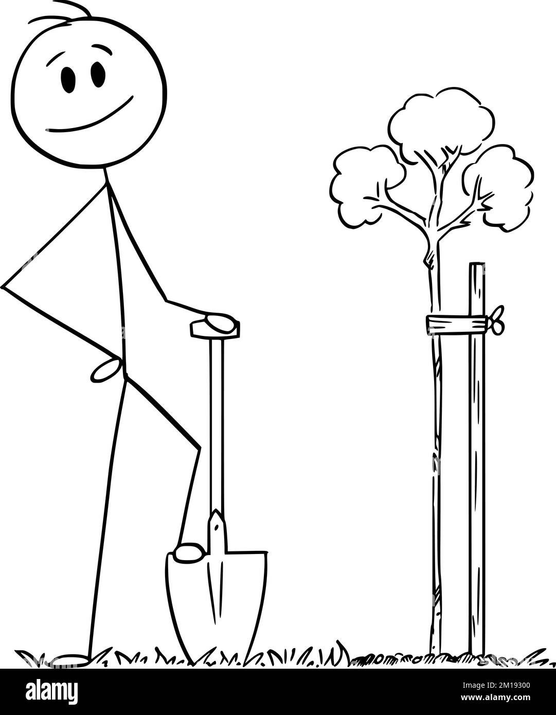 Gardener with Spade Planting Tree , Vector Cartoon Stick Figure ...