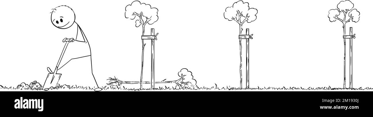 Gardener Planting Alley or Avenue of Trees, Vector Cartoon Stick Figure ...