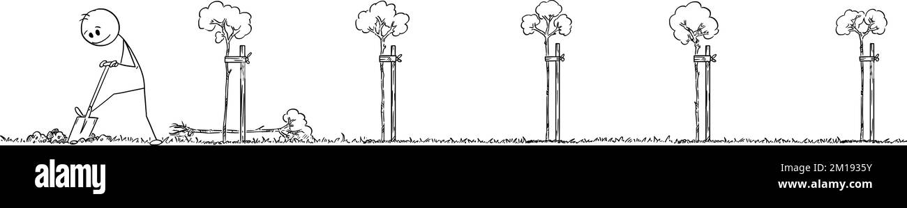 Gardener Planting Alley or Avenue of Trees, Vector Cartoon Stick Figure ...