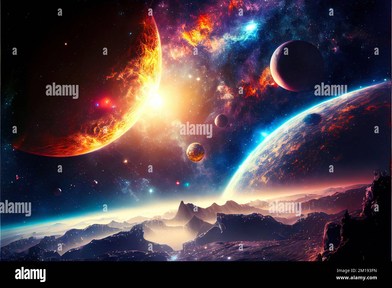 fantastic space background with planets and stars in super vibrant ...
