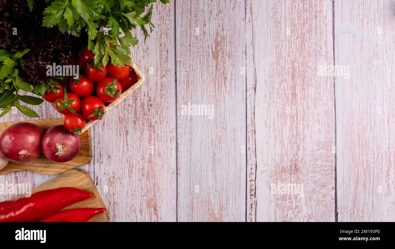 Freshly picked vegetables, cherry tomatoes, mint, green onions, lettuce ...