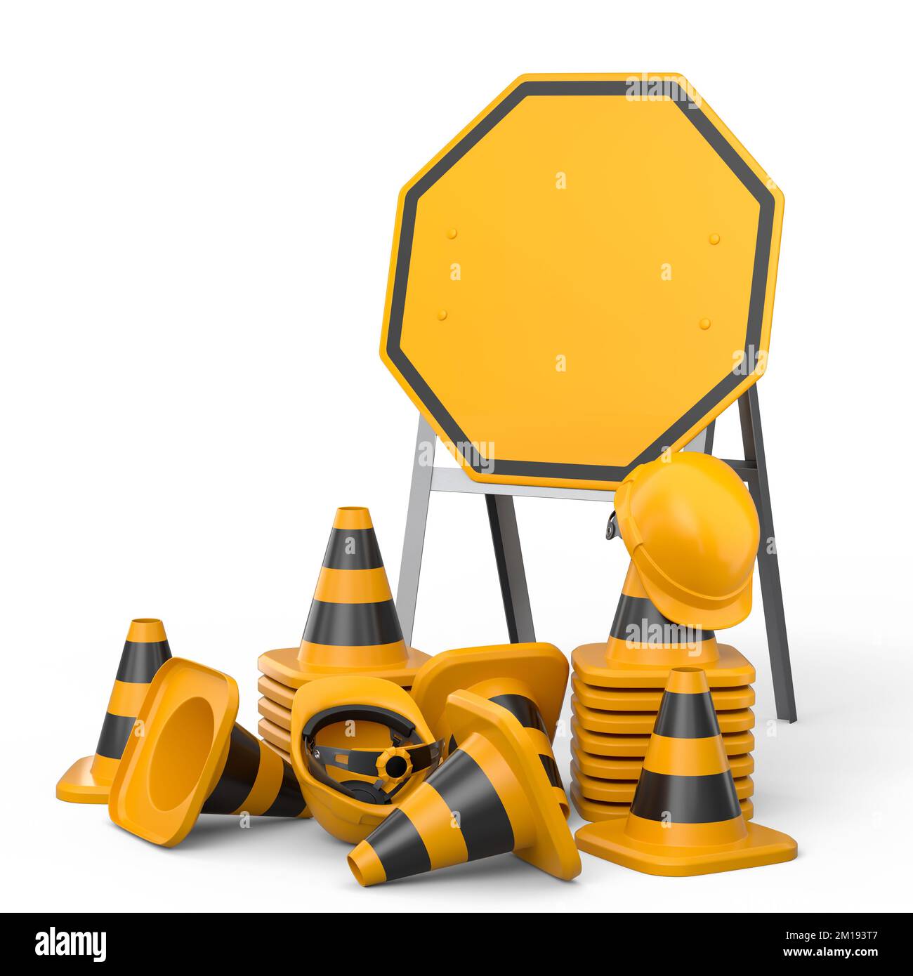 Stack of safety helmets or hard hats and traffic cones for under ...