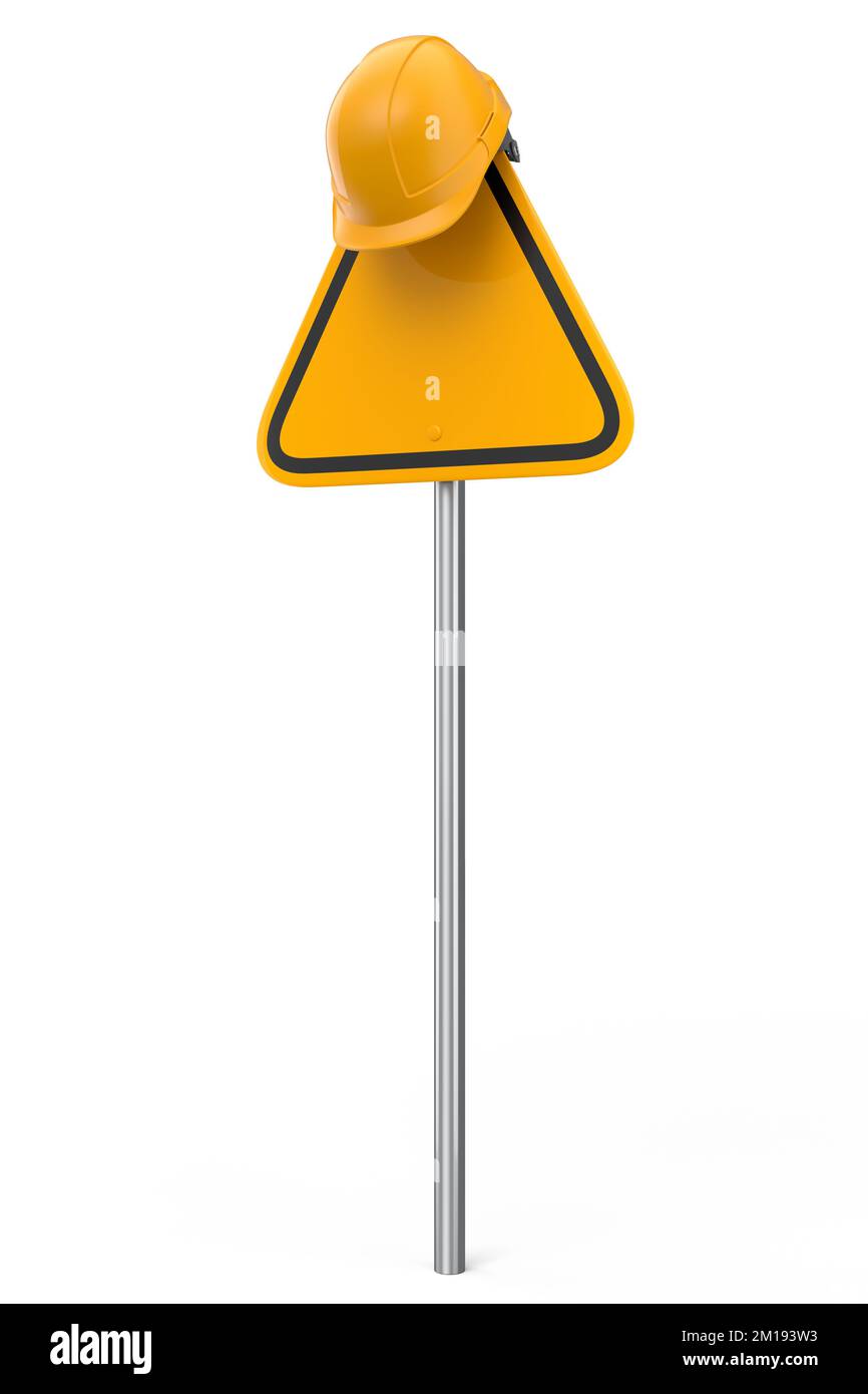Safety helmet or hard hat on road traffic sign isolated on white ...